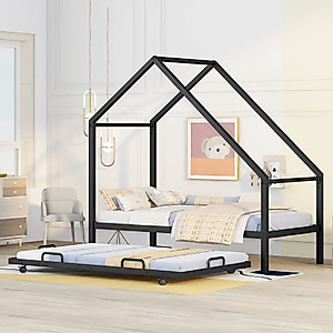 Metal House Bed with Trundle, Montessori Bed Twin Size Platform Bed Frame with Roof, Tent Bed, Modern Style Heavy-Duty Steel Frame Playhouse Bed for Kids Teens Girls Boys (Twin, Black)