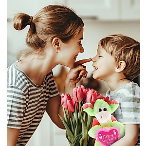 DolliBu Happy Mother's Day Super Soft Plush Dragon Doll Figure - Cute Stuffed Animal with Pink Heart Message for Best Mommy, Grandma, Wife, Daughter - 8" Inches