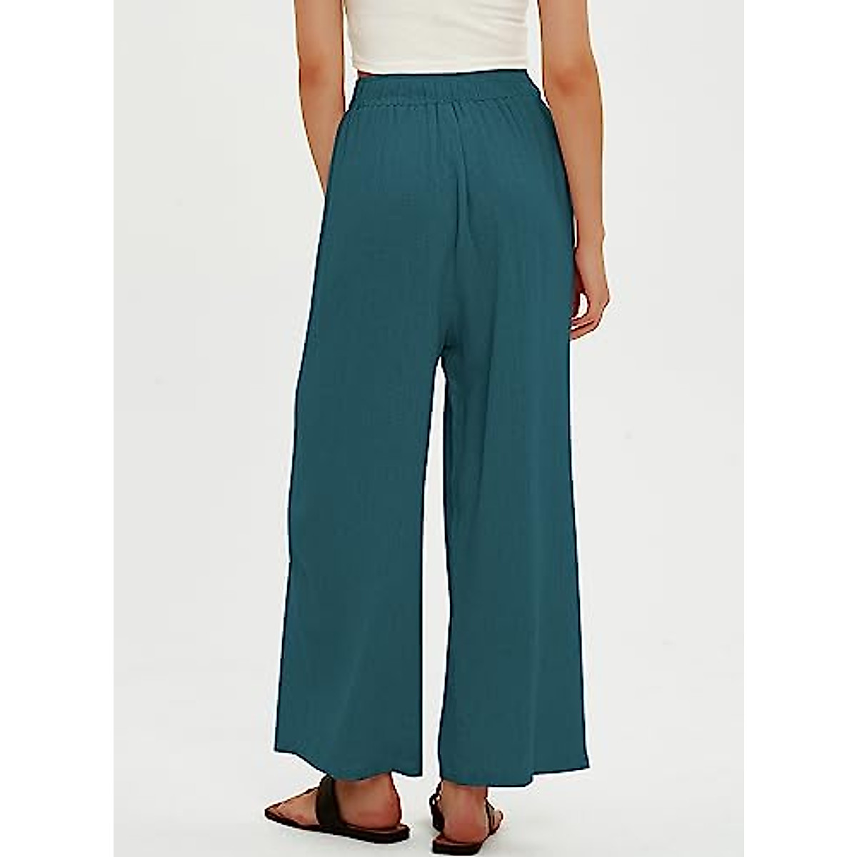 Beaully Women's Summer Linen Pants Casual Loose High Waist Wide Leg Long Pants Trousers with Pockets 6096 Lake Blue XX-Large