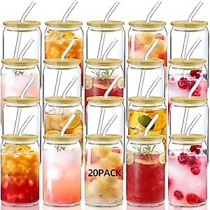 AiHeart 20Pcs Glass Cups With Lids and Straws,16oz Beer Can Shaped Drinking Glasses,Iced Coffee Glass, Cute Tumbler Cup for Smoothie, Boba Tea, Whiskey,Water