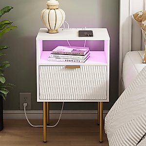 Modern Nightstand with Charging Station and LED Lights, White Nightstand with Drawer, Fluted Nightstand for Living Room, Bedroom