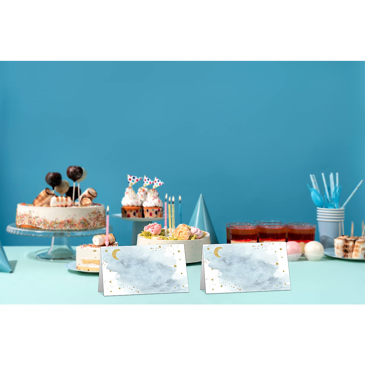 Table Place Card for Baby Shower, 25 Pcs Tent Cards Set with Moon and Stars Design, Editable Name Cards for Table Seating, Sleepover Party Food Lables, Twinkle Little Star Baby Shower Decorations(09)