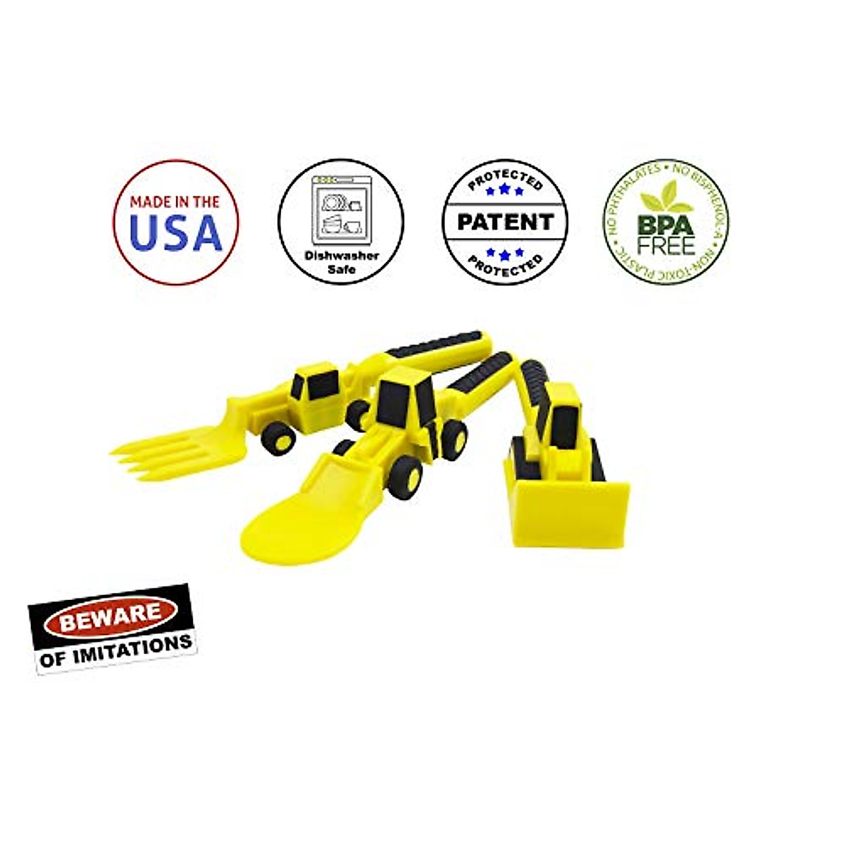Constructive Eating Made in USA Set of 3 Construction Utensils for Toddlers, Infants, Babies and Kids - Made With Materials Tested for Safety
