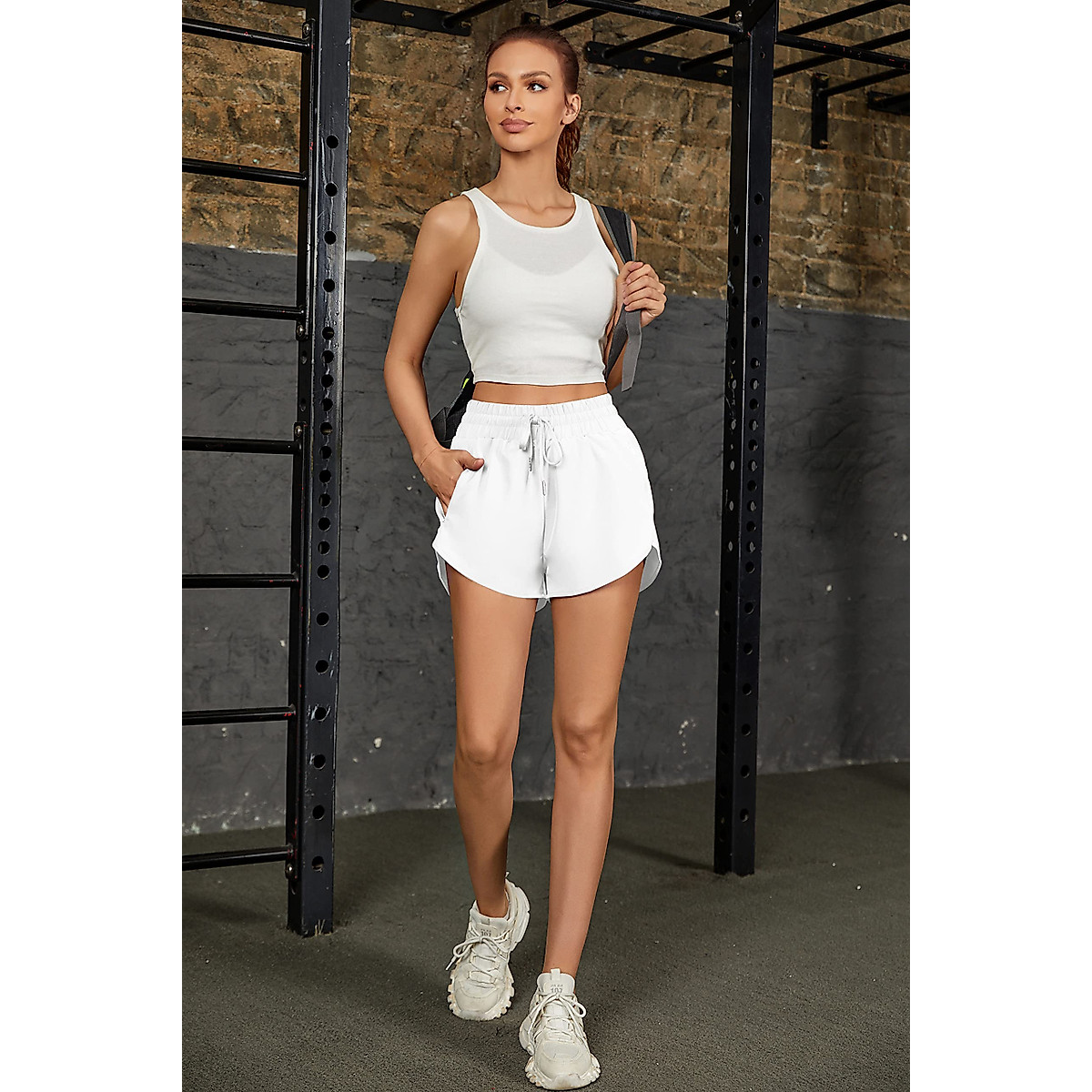 BMJL Women's Running Shorts High Waisted Athletic Shorts Summer Gym Workout Short with Zipper Pockets(S,White)