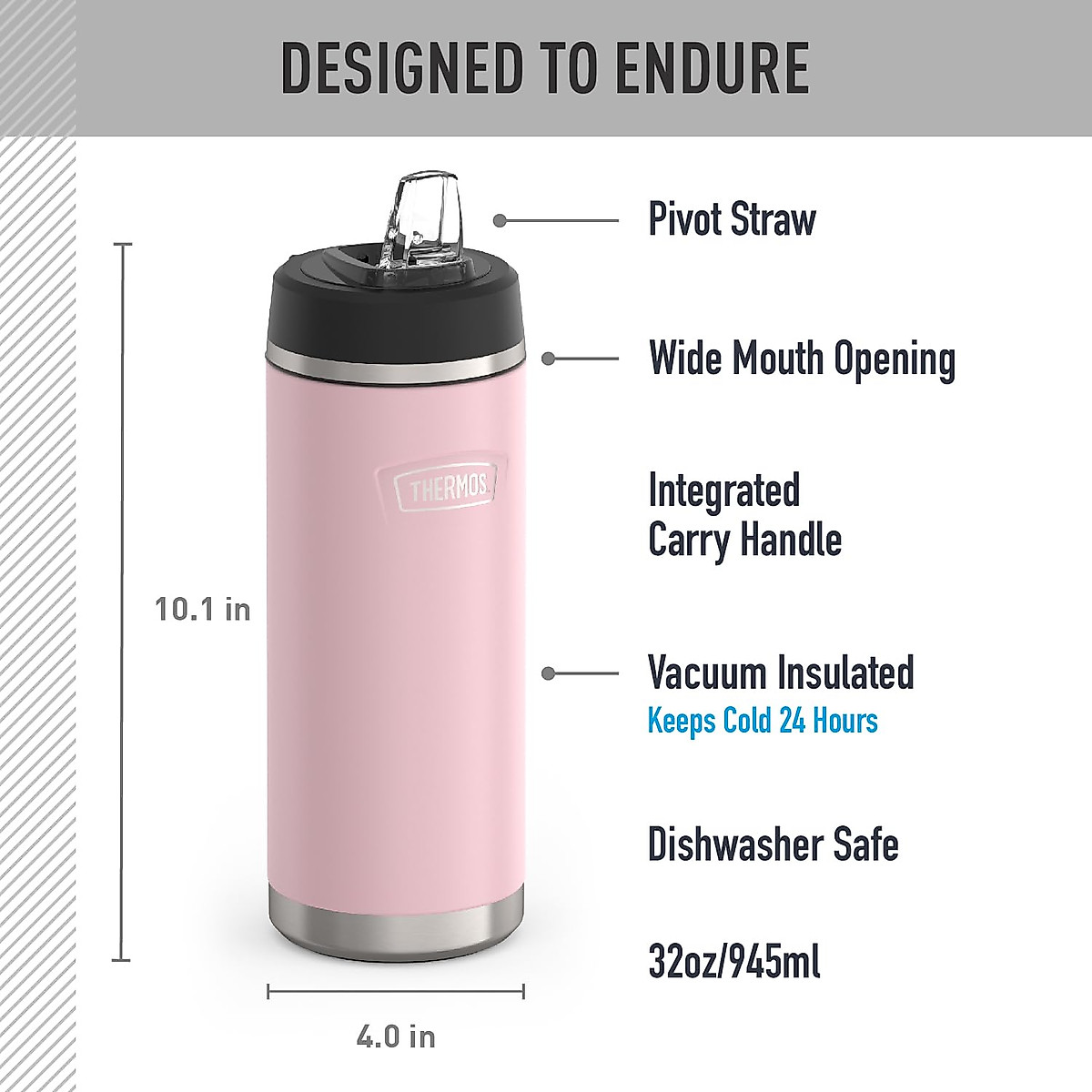 ICON SERIES BY THERMOS Stainless Steel Water Bottle with Straw Lid, 32 Ounce, Sunset Pink