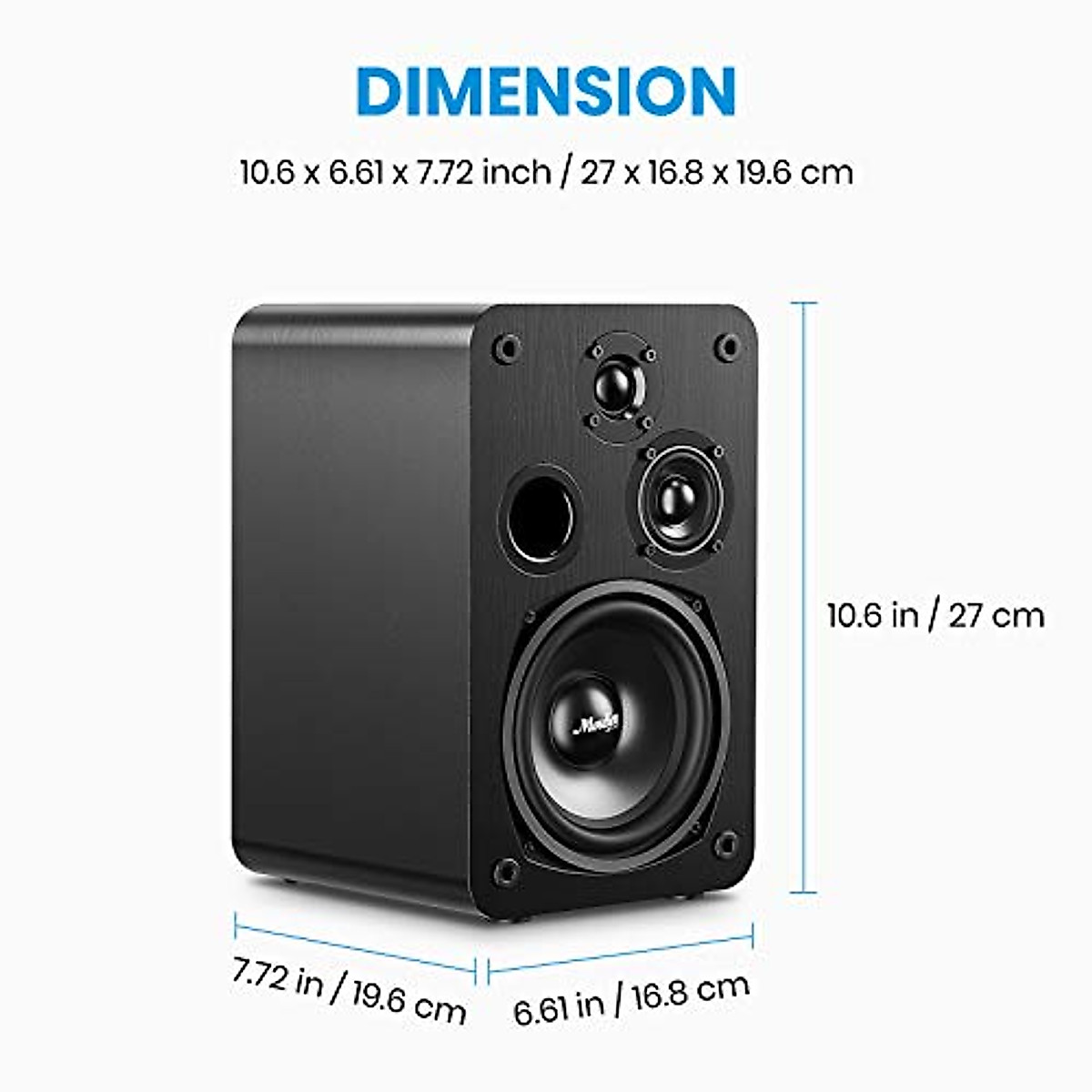 Moukey Passive Bookshelf Speakers (Pair), Peak Power 2×55W, 3-Way Home Theater Speakers, 2.0 Stereo Near Field Studio Premium Sound, Wooden Wall-Mountable, Black, M20-3