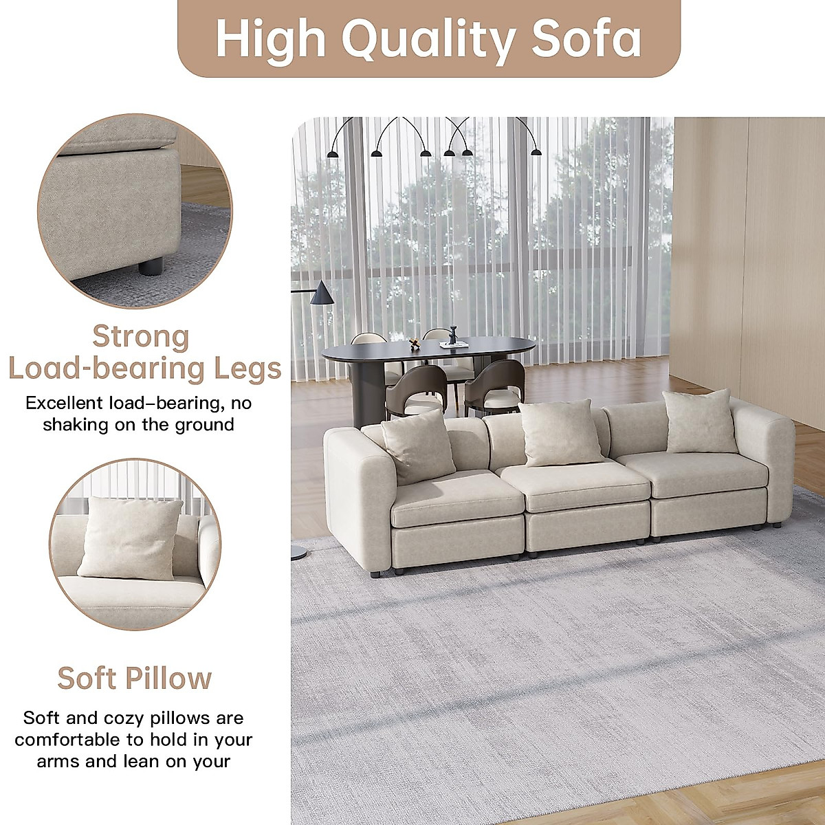 Miuuod 3 Seaters Extra Large Sectional Sofa for Living Room,3 Seats for Small Room,Broad Seater Convertible Couch,Soft Sofa Bed,Oversized Deep Seat Retro Couche, Sofa for Bedroom Beige