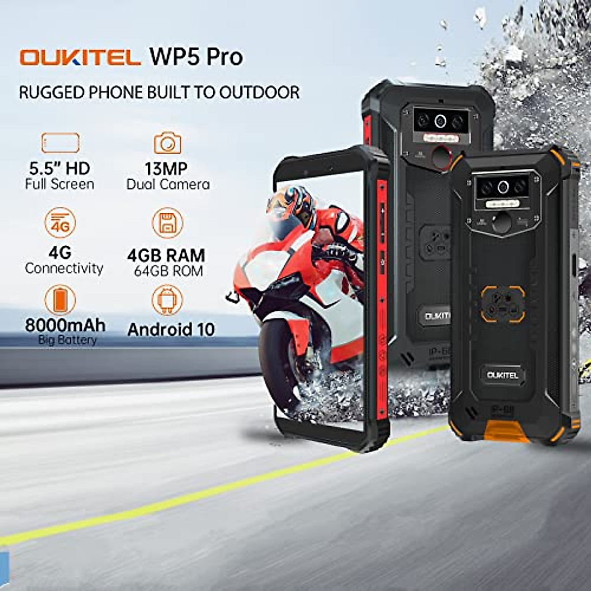 OUKITEL Rugged Cell Phone WP5 Pro, Unlocked Smartphone 4GB+64GB 5.5''HD+ Screen, 8000mAh Battery IP68 Waterproof Rugged Smartphone, 4G LTE Dual-SIM Android 10 System, 13MP Triple Camera Face ID