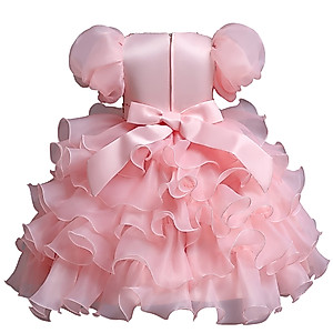 Myosotis510 Girls' Lace Princess Wedding Baptism Dress Long Sleeve Formal Party Wear for Toddler Baby Girl (Ruffle Pink, 6 Years)