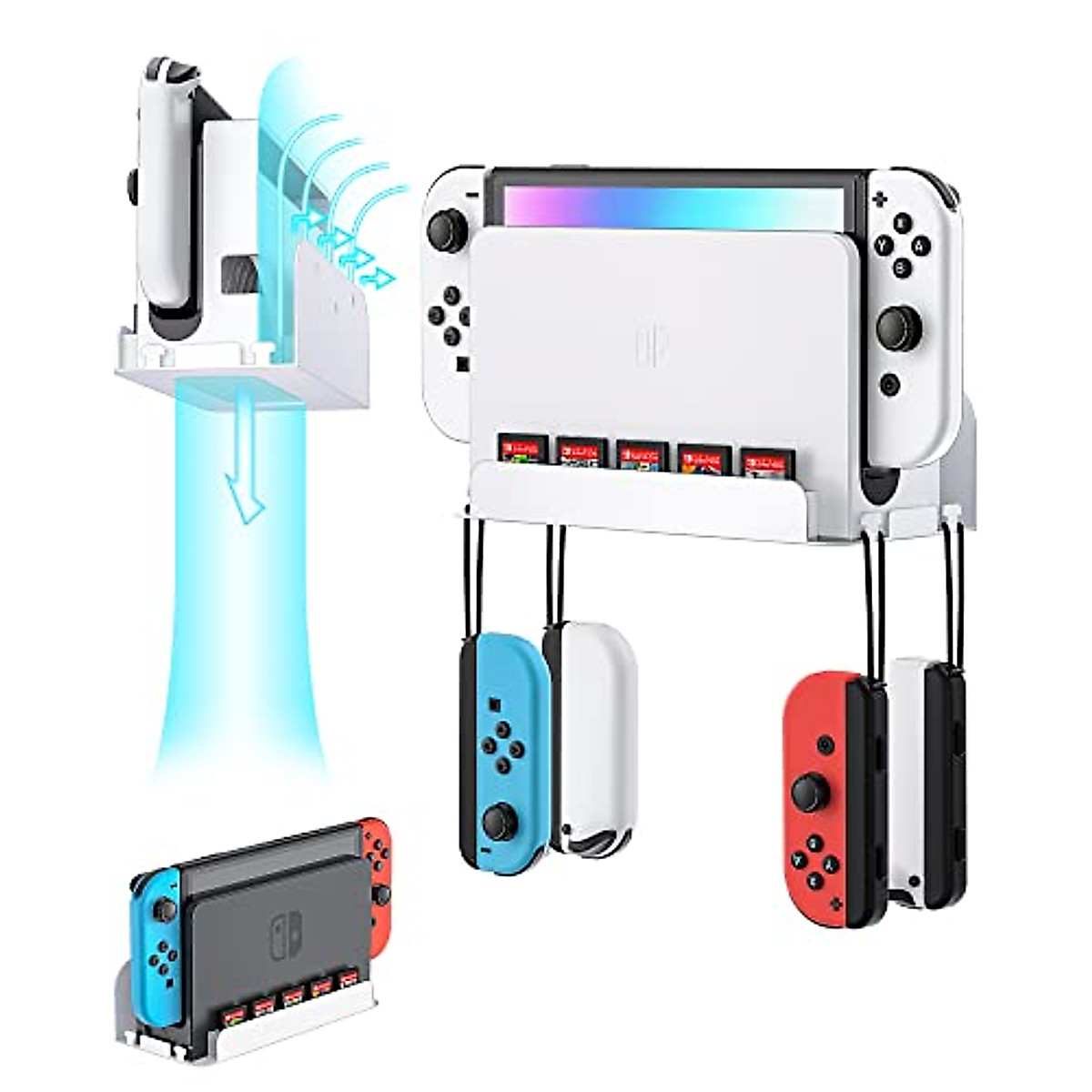 ZAONOOL Wall Mount for Nintendo Switch and Switch OLED, Metal Wall Mount Kit Shelf Stand Accessories with 5 Game Card Holders and 4 Joy Con Hanger, Safely Store Switch Console Near or Behind TV, White