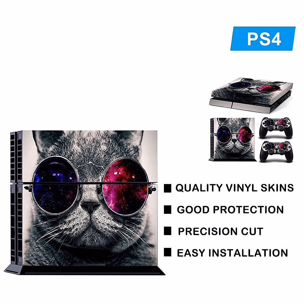 FOTTCZ Whole Body Vinyl Skin Sticker Decal Cover for PS4 Console and 2PCS Controllers Skins Cool Cat