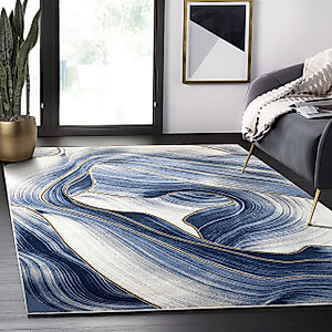 Abani Blue & Ivory Metallic Contemporary Ribbon Area Rug, Rugs Swirl Design Neutral Non-Shed 6' x 9' Bedroom Rug