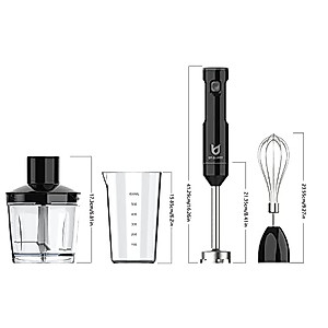 Cordless Hand Blender, UTALENT Variable Speed Immersion Blender Rechargeable, with Fast Charger, 500ml Chopper, 600ml container, Egg Whisk, for Smoothies, Baby Food and Soups – Black