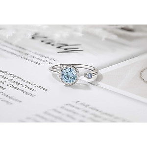 Presentski March Birthstone Rings for Women Sterling Silver CZ Blue Aquamarine Birthstone Adjustable Rings
