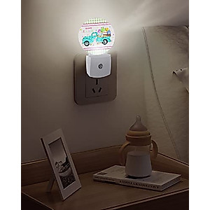 Spring Easter Round Night Lights Plug into Wall, Dusk to Dawn Sensor, Pink Green Plaid Truck Bunny Colorful Eggs LED Night Light for Kids Room, Bedroom, Bathroom, Nursery, Hallway, Stairs