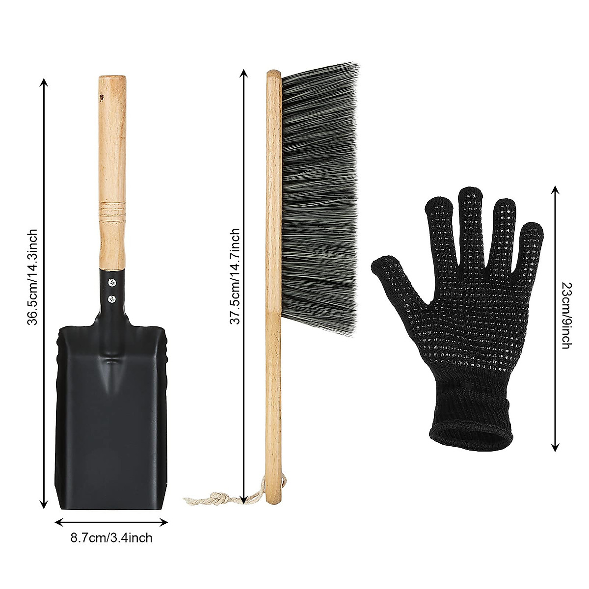 DIRBUY Coal Shovel and Hearth Brush Set, Fireplace Shovel and Brush Set for Ash, with Black Silicone Gloves, Heavy Duty Metal Fireplace Tools Set