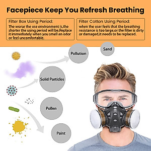 Reusable Half Face Cover, 8200 Face Cover with Safety Glasses Half Facepiece Against Organic Vapors/Smells/Asbestos, Ideal for Painting, Polishing, Woodworking, Welding, Decoration etc