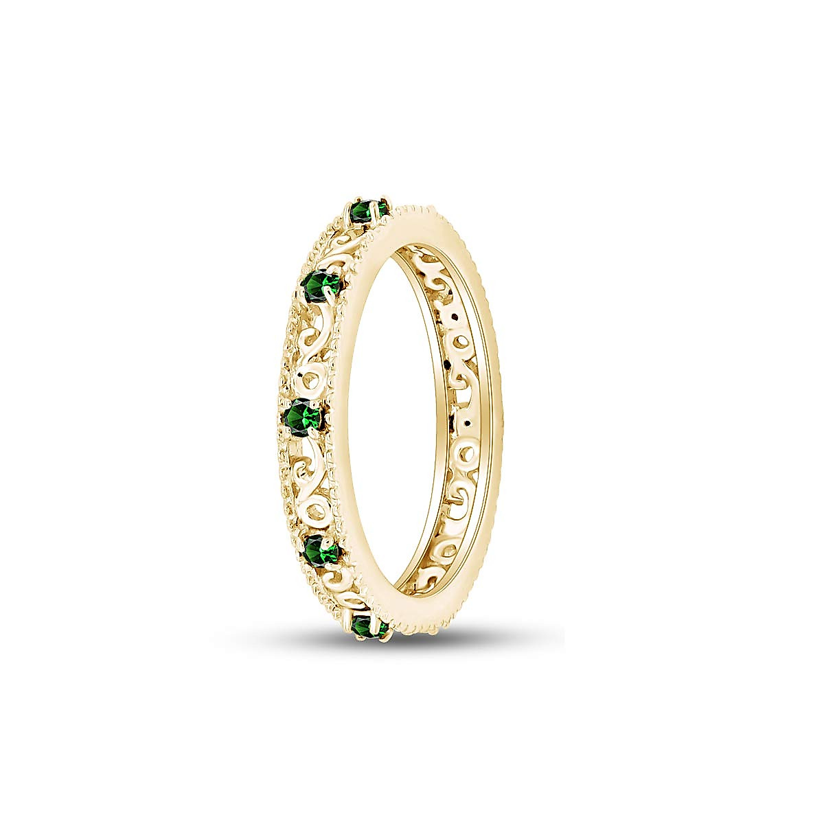 Jewel Zone US Round Cut Simulated Green Emerald Stackable Ring in 14K Yellow Gold Over Sterling Silver