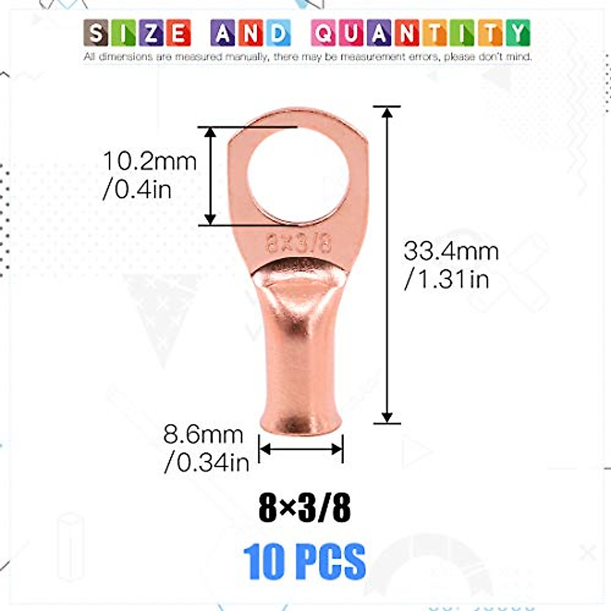 Glarks 10Pcs 8x3/8'' Copper Wire Lugs UL Listed Battery Cable Closed Ends Bare Copper Eyelets Tubular Ring Terminal Connectors