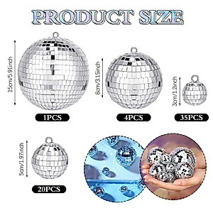 Jspupifip 60 Pcs Mirror Disco Balls Bulk, Reflective Silver Glass Ball Decorations 70s Hanging Ring Halloween Christmas Birthday Themed Party Prom Props Disco Ornaments(1.2/1.97/3.15/5.9 inch)