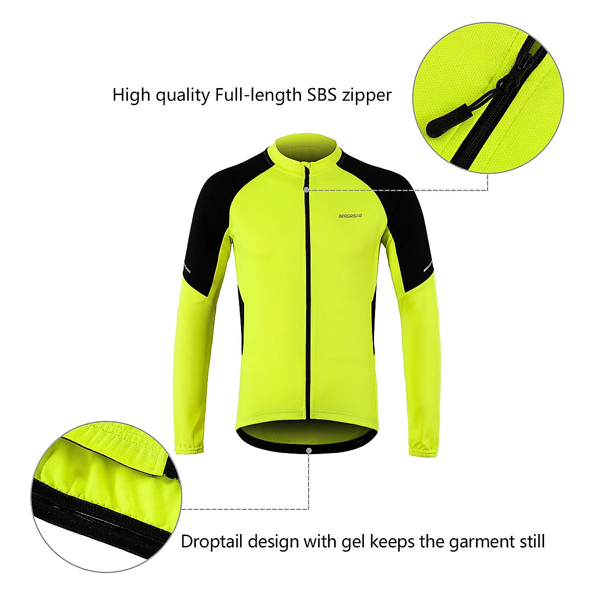 BERGRISAR Cycling Jersey Mens Long Sleeves Mountain Bike Shirts with Zipper Pockets Yellow Size Medium