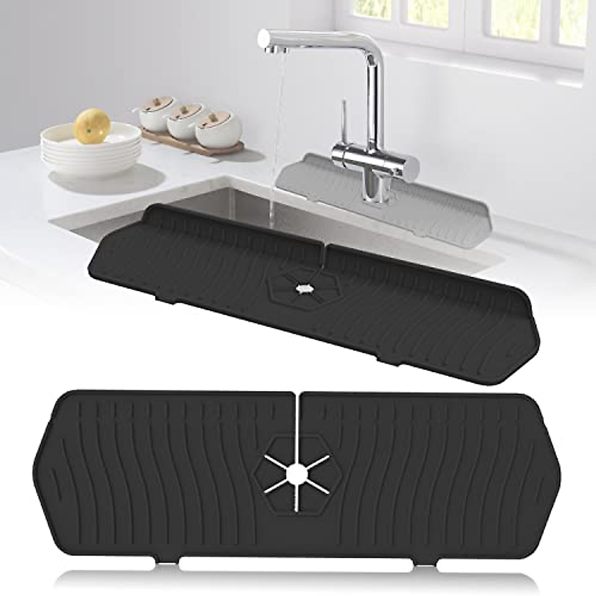 17.7" Faucet Handle Drip Catcher Tray,Silicone Self Draining Faucet Splash Guard,Reuseable Kitchen Sink Mat Fit Most Faucet,Bathroom Sink Absorbent Countertop Drying Faucet Pad