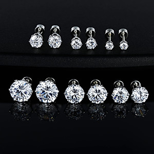 Screw Back Titanium Surgical Stainless Steel Earrings Flat Back Packs Hypoallergenic for Women Men Sensitive Ears Cubic Zirconia Simulated Diamond CZ Helix Stud Multipack Piercing