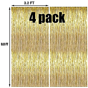 YESON Gold Foil Fringe Curtains Metallic Tinsel Shimmer Curtain Party Backdrop Decorations,Pack of 4