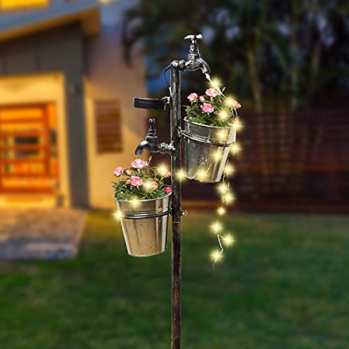 MorTime Solar Faucet Garden Stake with Two Planters, LED Lights Flowing Water Retro Metal Faucet Yard Stake Outdoor Plant Holder Flower Pots for Lawn Garden Decorations
