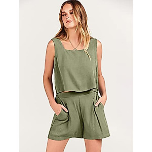 ANRABESS Womens 2 Piece Outfits Linen Square Neck Crop Short Set Lounge Matching Sets 2023 Trendy Clothes Summer Vacation Set for Beach Vacation Resort 997zhonglv-M