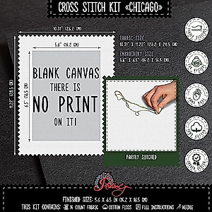 Povitrulya Counted Cross Stitch Kit for Adults “Chicago” - Chi-Town Cityscape Hand Embroidery Set with Pattern, 14-Count Aida Cloth and Pre-Sorted Cotton Threads