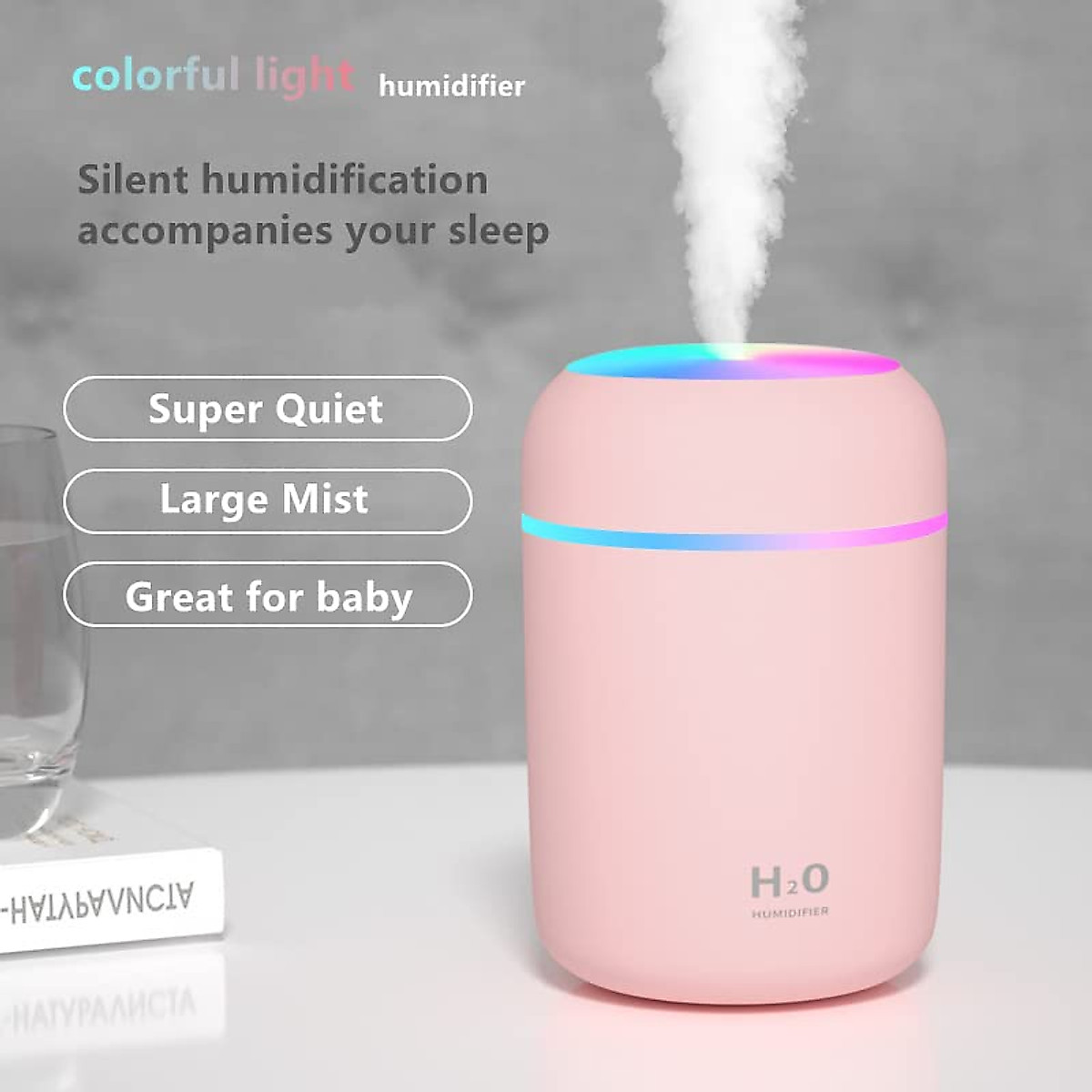 Colorful Cool Humidifier USB-Only 300ml Portable with 7 Colors 2 Fog Mode Ultra Quiet Suitable for Home Car Bedroom Office and Travel (Gray)
