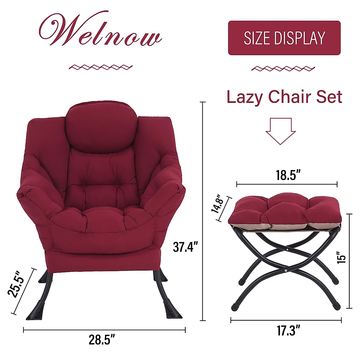 Welnow Lazy Chair with Ottoman, Modern Lounge Accent Chair with Armrests and a Side Pocket, Leisure Upholstered Sofa Chair Set, Reading Chair with Footrest for Small Space, Burgundy