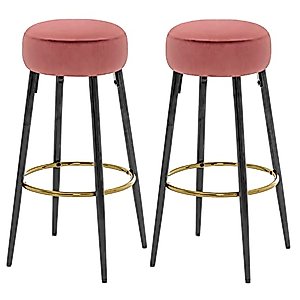 Fefances Pink Bar Stools Set of 2 Modern Round Velvet Bar Stools Kitchen Breakfast Round Dining Chair 30 inch Height