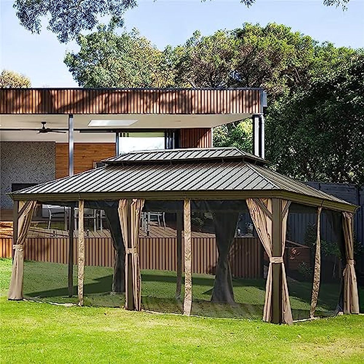 Jaxenor Outdoor Aluminum Frame Canopy - 12'x18' Hardtop Gazebo with Galvanized Steel Double Roof - Permanent Metal Pavilion for Patio, Backyard, and Lawn - Includes Curtains and Netting - Brown