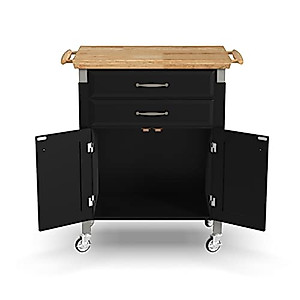 Home Styles Black Dolly Madison Prep and Serve Kitchen Cart with Natural Top, Locking Casters, Two Drawers, Two Storage Cabinets