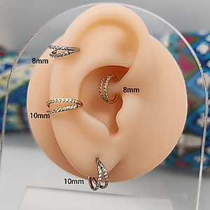 MeiziQL 3Pcs 18G Nose Ring Hoops Septum Rings 8mm 10mm Surgical Steel Double Hoop Nose Ring- Double Row Diamonds Hinged Segment Hoop , Stainless Steel, cubic zirconia