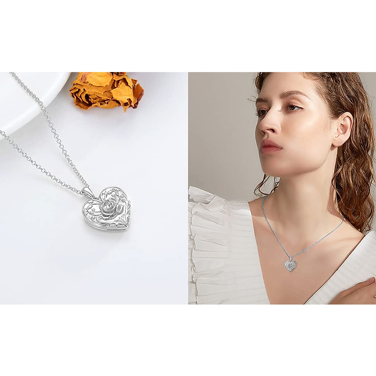 SOULMEET 18k White Gold Plated Silver Rose Locket Necklace That Holds 2 Pictures, 20" 10K White Gold Chain (Locket only)