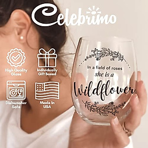 Celebrimo She Is A Wildflower Wine Glass as Mindfulness Meditation Gifts for Women - Thoughtful Bestfriend Gifts - Spiritual, Inspirational, Motivational Gifts for Women - Sister Wine Glass 15oz