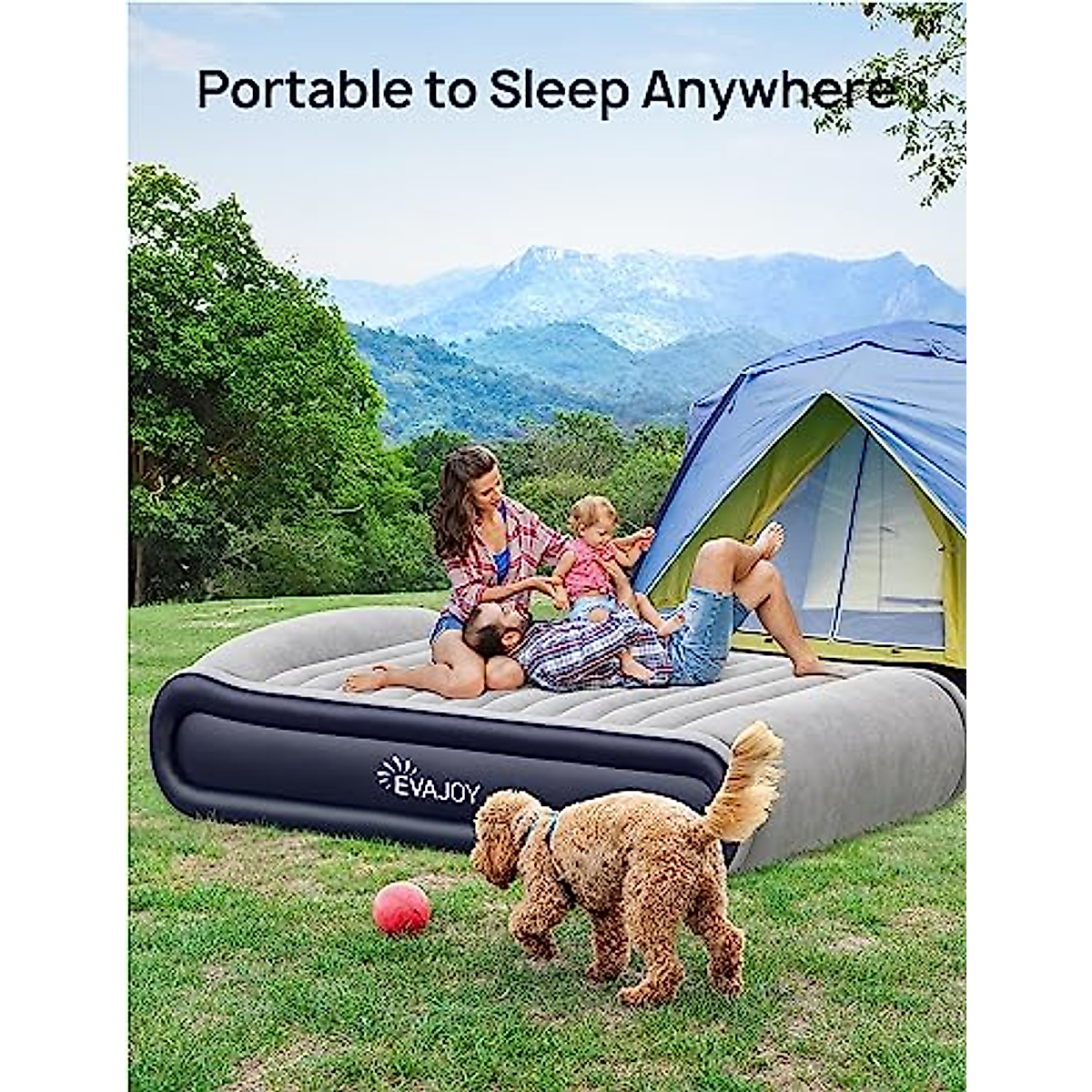 Evajoy Queen Air Mattress with Built-in Pump, Inflatable Air Mattress with Integrated Pillow, Fast Inflation/Deflation, Airbed with Thickened PVC Build, Waterproof Flocking, for Home, Camping, Guests