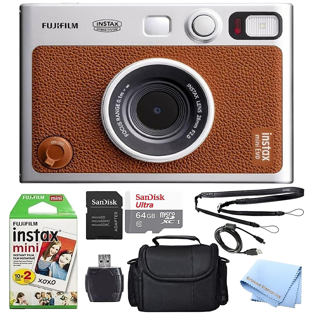 Fujifilm Mini EVO Hybrid Camera (Brown) Instant Film Camera Bundle with 20 Instant Film Sheets + 64GB microSD Memory Card + Small Padded Case + SD Card Reader + Extreme Electronics Cloth