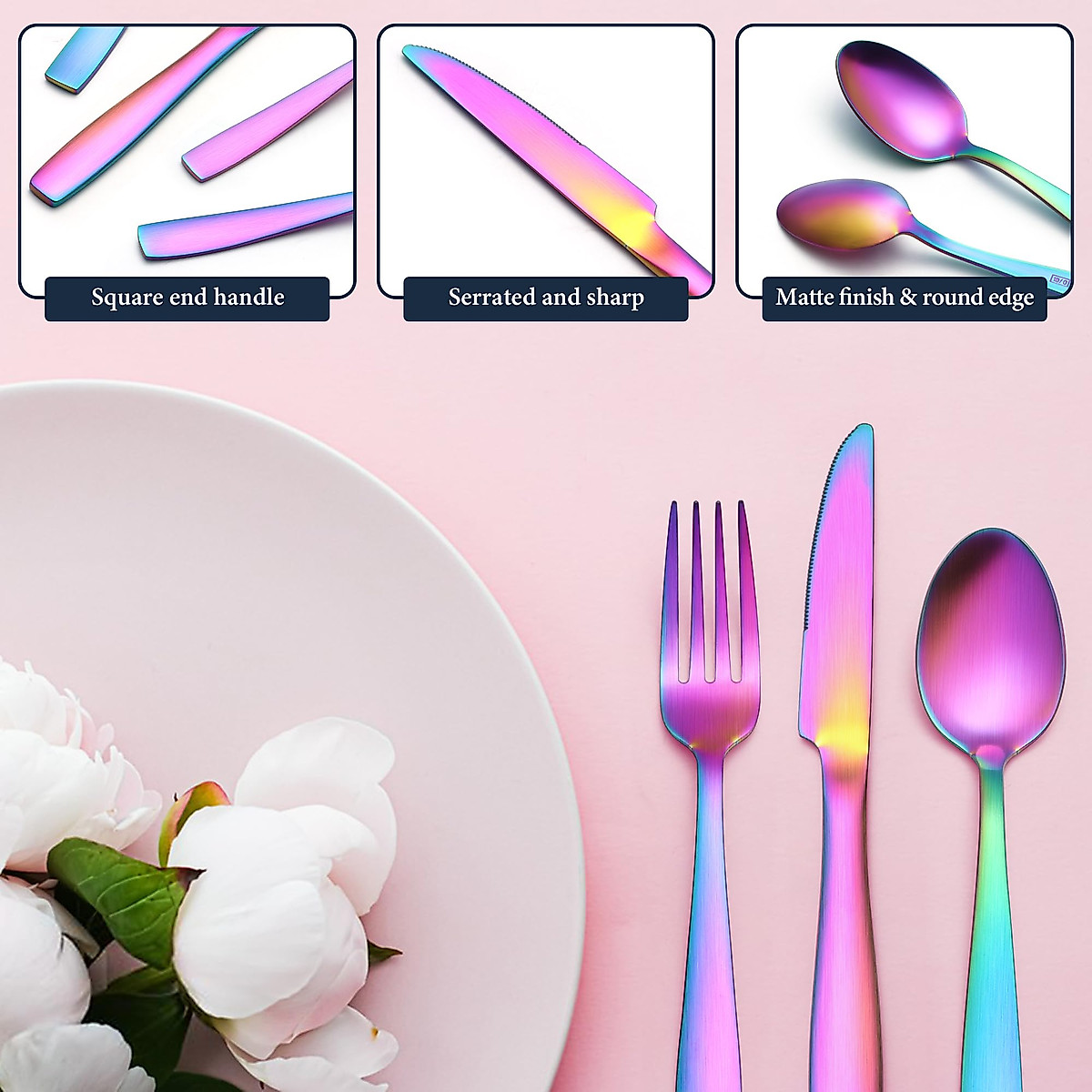 E-far 20-Piece Matte Rainbow Silverware Set, Stainless Steel Flatware Set for 4, Colorful Cutlery Set Include Forks Spoons and Knives for Kitchen Home Restaurant, Satin Finish & Square Edge Handle