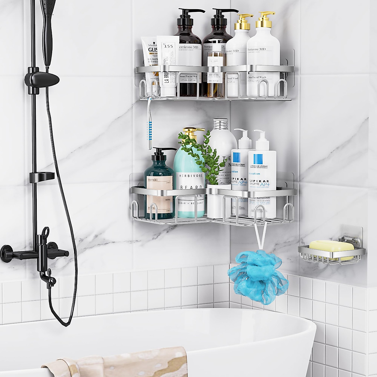 Moforoco Corner Shower Caddy - 3 Pack Shower Organizer with Soap Holder and 12 Hooks, Adhesive Shelves Rustproof for Bathroom, Silver