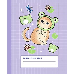 Composition Book: Cute Cat & Frogs | College Ruled Wide Lined Notebook | Pastel Purple Kawaii Aesthetic Journal for School