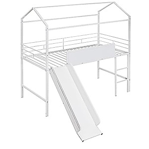 FIQHOME Metal House Bed with Slide, Steel House Bedframe with Roof and Guardrails,Twin Size Metal Loft Bed with Two-Sided Writable Wooden Board for Kids, Teens, Girls, Boys (White)