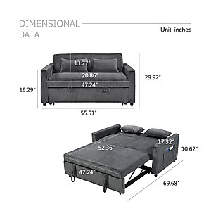 ECHINGLE 55.51" Sleeper Sofa,Corduroy Convertible Sofa Bed,Pull Out Sofa Bed with 3 Level Adjustable Backrest & Storage Pockets and 2 Toss Pillows,Modern Couch Bed for Living Room,Bedroom（Grey）