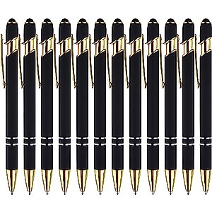LINFANC 12 Pack Black Gold Ballpoint Pen with Stylus Tip, 1.0 mm Black Ink Smooth Writing Pens, Metal Stylus Pens for Touch Screens