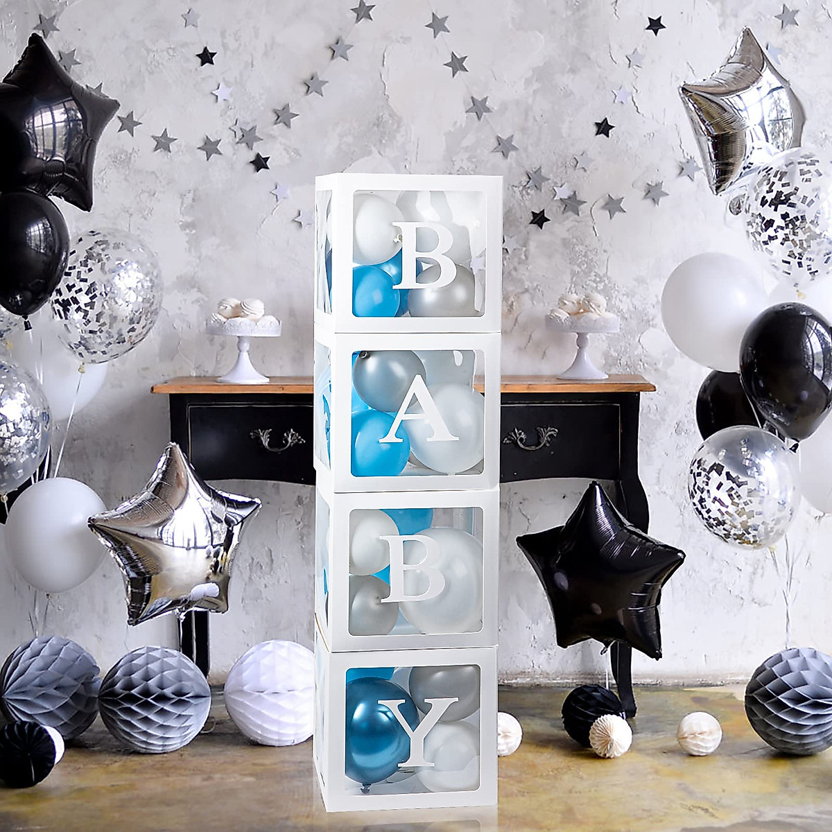 Keencopper Baby Boxes with 12 Letters for Baby Shower, Baby Shower Decorations for Boy Or Girl, 4 Pcs Transparent Balloon Boxes Clear Blocks for 1st Birthday, Gender Reveal Party Supplies Background