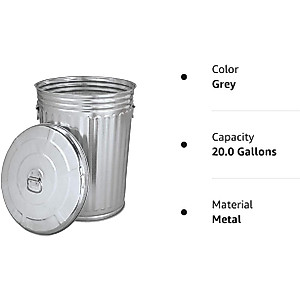 Plexon Pre-Galvanized Trash Can with Lid Round, Steel, 20gal, Grey, Outdoor Garbage Can., 45520GALLONWLID