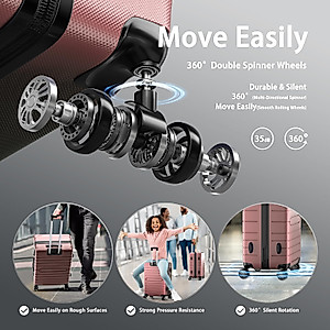 Fujampe 3 Piece Luggage Set, Lightweight Pink Hardshell Luggage Sets with Spinner Wheels & TSA Lock, Carry on Suitcase 3 Piece Sets 20''/24''/28'' (Rose Gold)